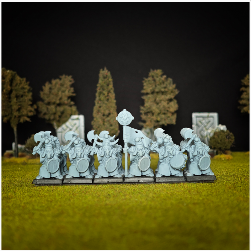 Hobgoblin with axes and shields command group. Infernal dwarves MOM