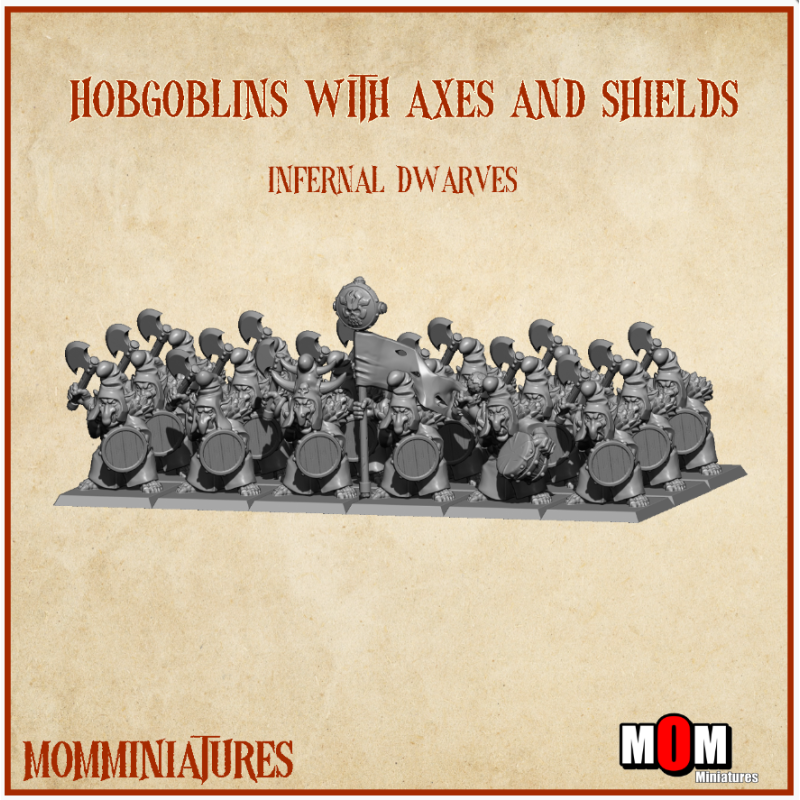 Hobgoblin with axes and shields command group. Infernal dwarves MOM